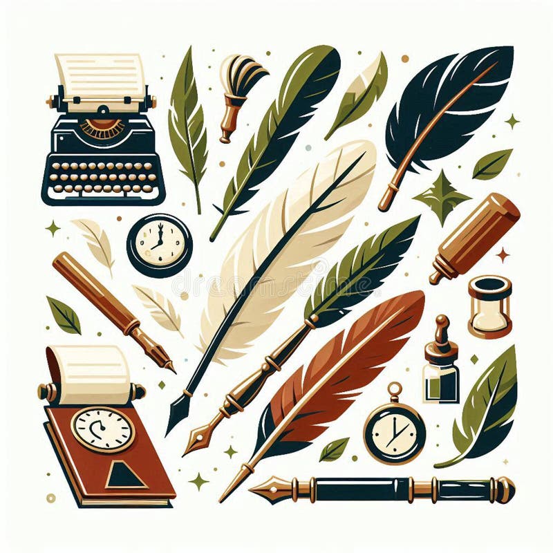 A Collection of Writing Implements and a Typewriter Stock Illustration ...