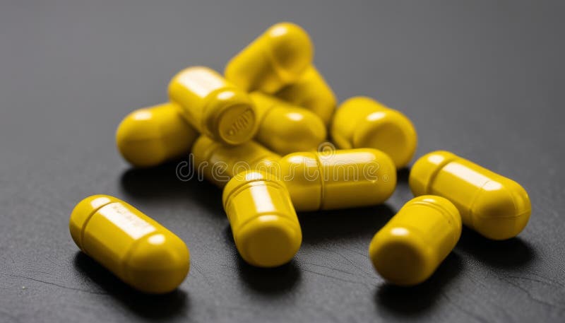 A Collection of Yellow Capsules on a Dark Surface Stock Illustration ...
