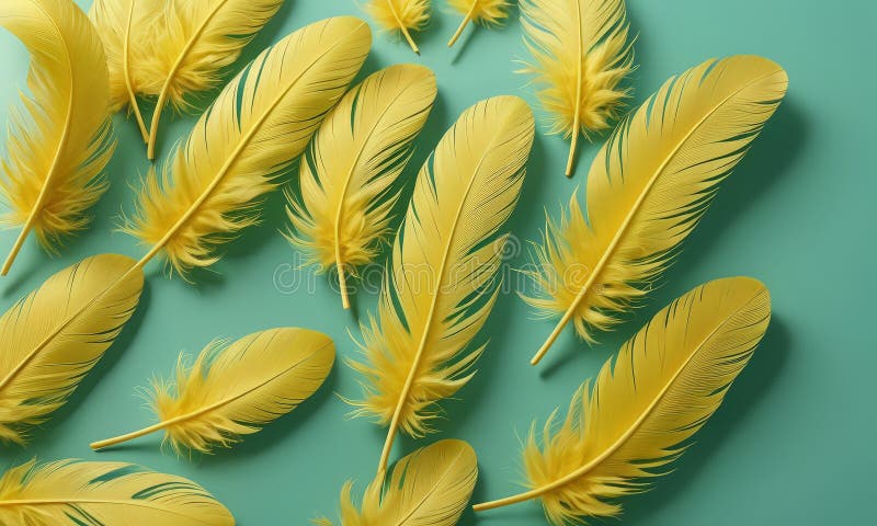 Collection Yellow Feathers Arranged in Circular Pattern Against Teal ...
