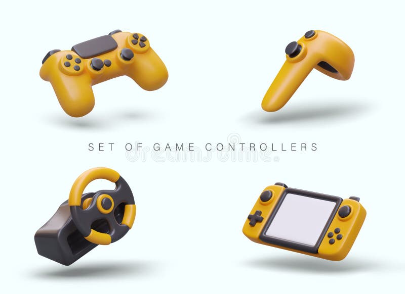 Collection of Yellow Game Controllers. Different Types of Joysticks ...