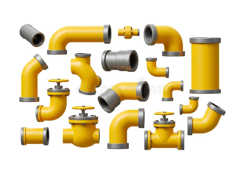 Collection of Yellow Industrial Pipes and Valves: 3D Render of Plumbing ...