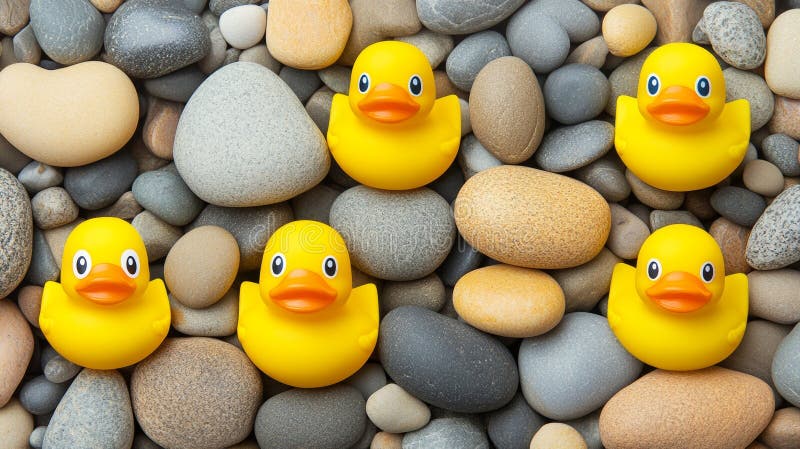 A Collection of Yellow Rubber Duck Toys Set on a Smooth, White Pebble ...