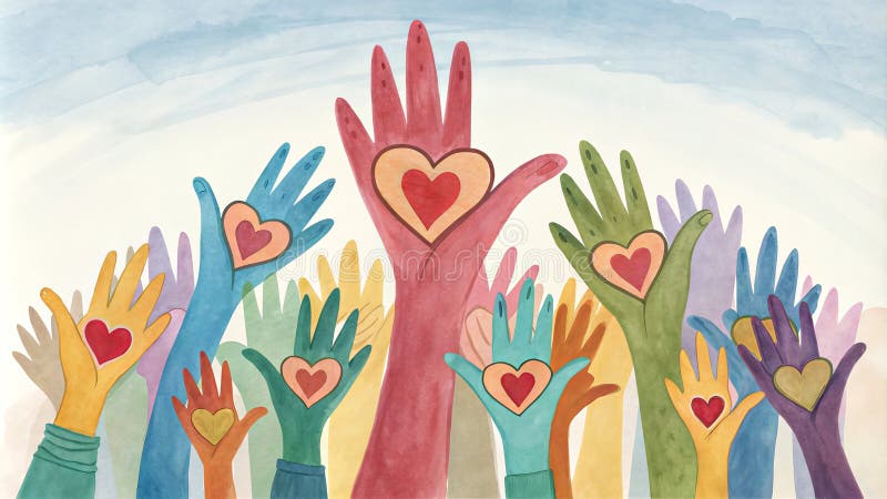 Collective Hearts Watercolor Hands, Unity Concept Stock Illustration ...