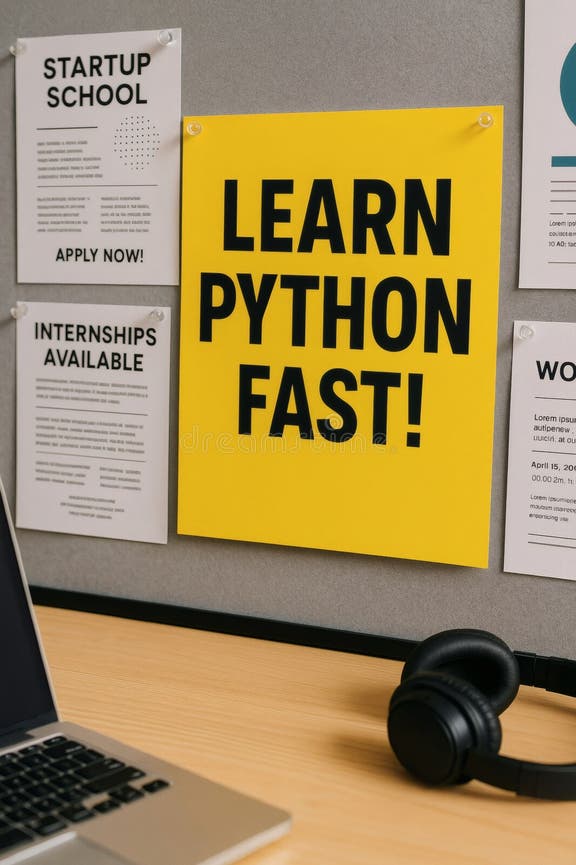 College Bulletin Board with Learn Python Fast Poster Laptop and Headphones Promoting Coding ...