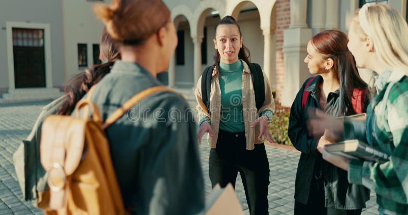 College, Campus and Group of Students Talking in Conversation on a ...