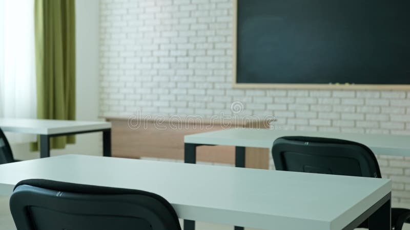 Empty Bright School Classroom with Desks, Chairs and Chalkboard at ...