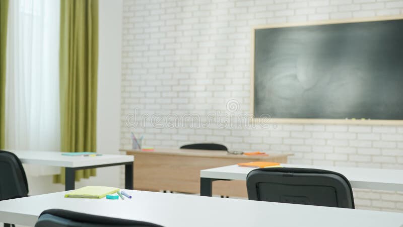 Empty Bright School Classroom with Desks, Chairs and Chalkboard at ...