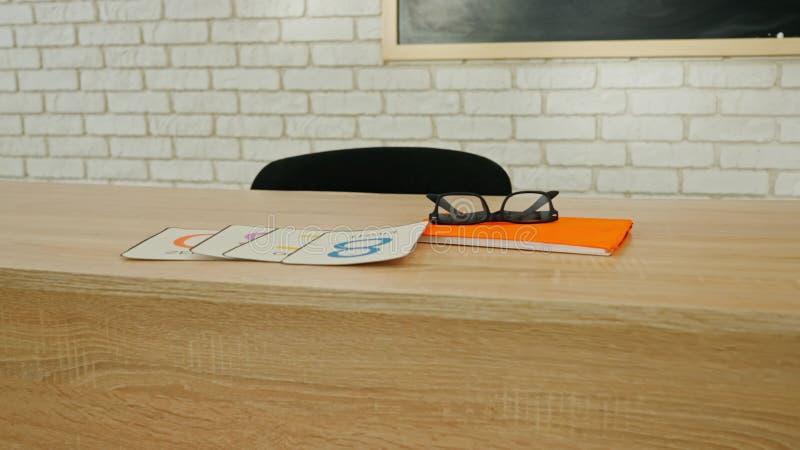 Empty Elementary School Classroom with Desks, Chairs and Chalkboard ...