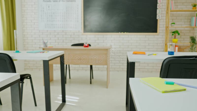 Empty School Elementary Classroom with Desks, Chairs and Chalkboard ...