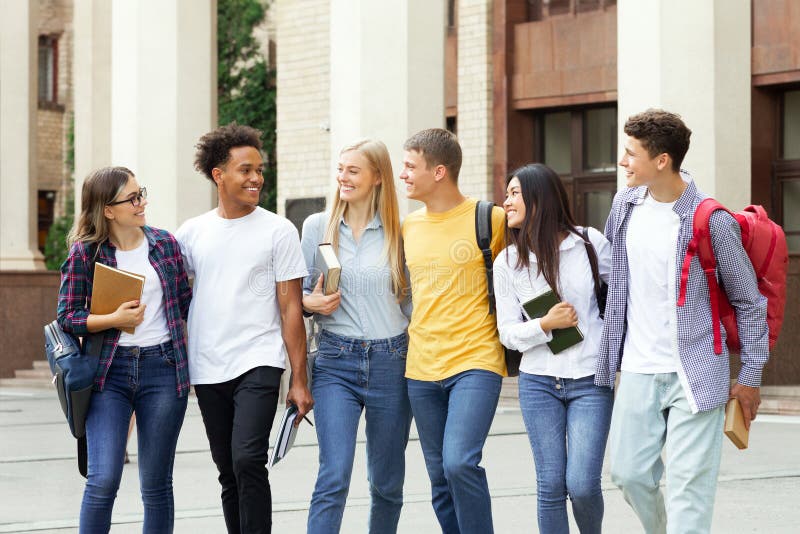 College Classmates Walking Outside in Campus, Panorama Stock Photo ...