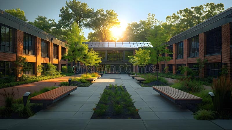 College Courtyard with Solar Benches for Techsavvy Students Emphasizes ...
