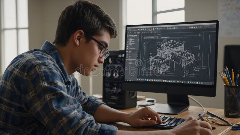 Engineering Student Designing 3D Model Using CAD Software in Modern ...