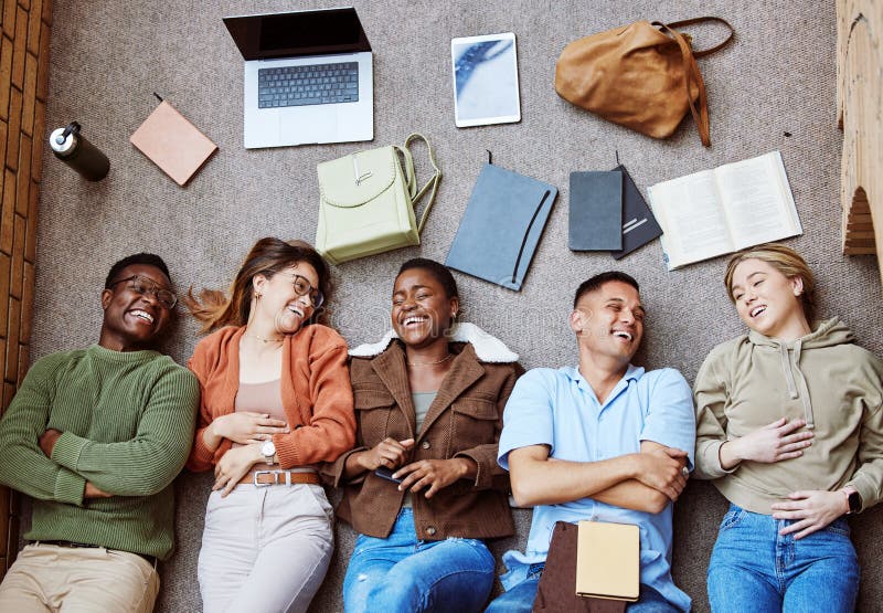 College Floor, Diversity and Laughing Students Relax after Group ...