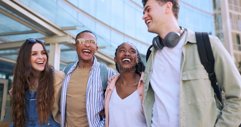 College Group, Hug and People Walking, Laugh and Journey for Education ...