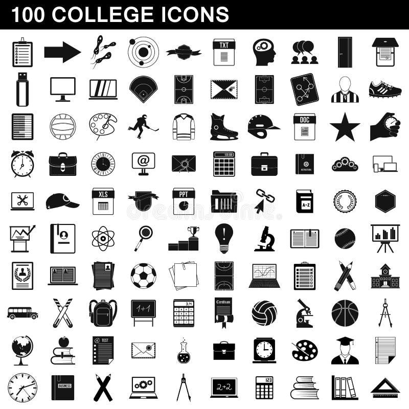 100 College Icons Set, Simple Style Stock Vector - Illustration of ...