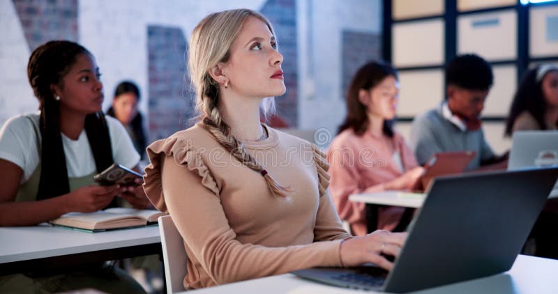 College, Lecture and Girl with Laptop Thinking of Class, Info and ...