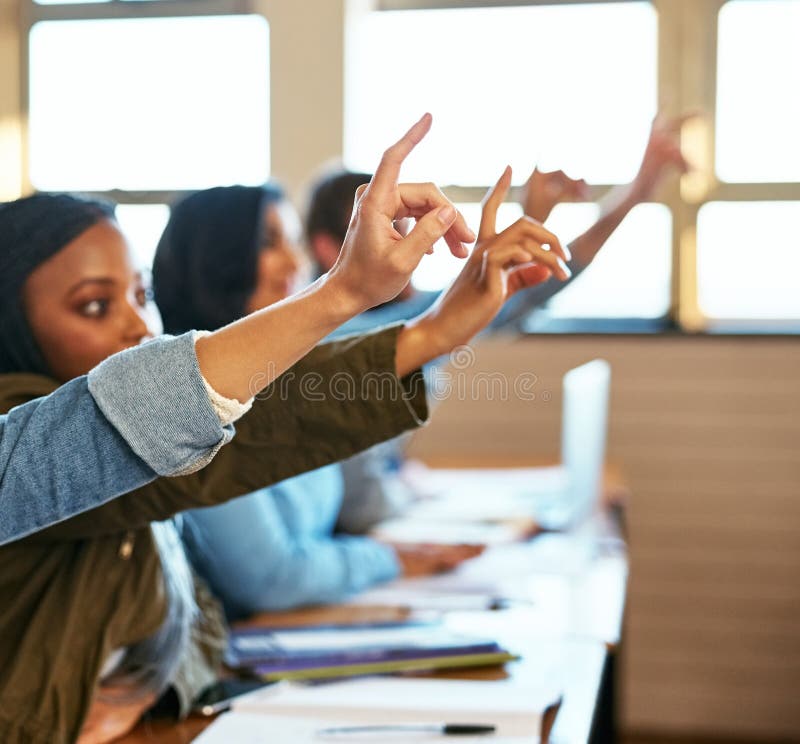 College, Questions and Students with Hand Up in Classroom for Exam ...