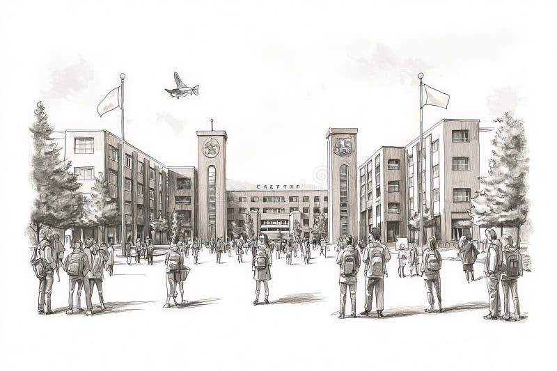 College Sketch: a Lively Illustration of a College Campus, Highlighting ...