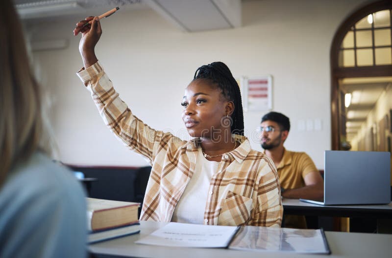 College Student, Black Woman and Hands To Answer Question in Classroom ...