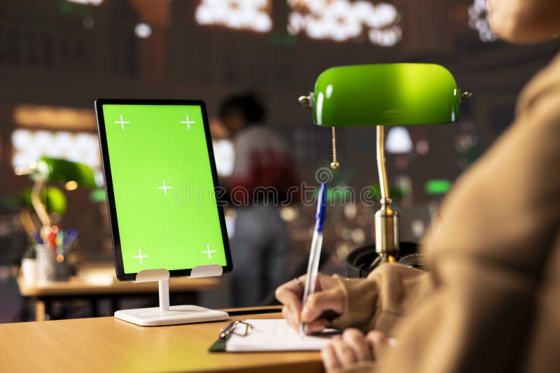 College Student Collecting Academic Data Next To Chroma Key Display ...