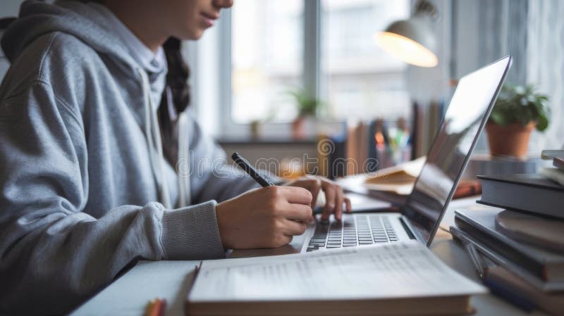 College Student Completes Homework with Laptop Stock Illustration ...