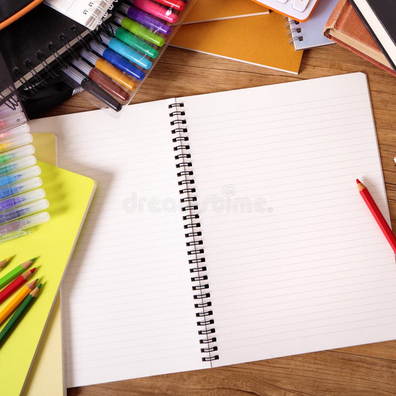College Student Desk with Blank Writing Book, Copy Space Stock Image ...