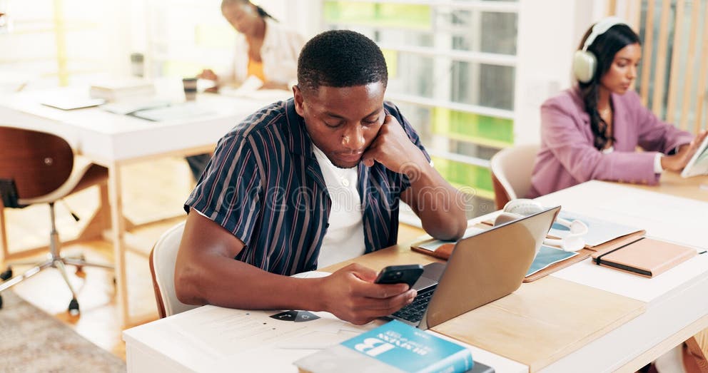 College Student, Man and Phone with Texting for Web Chat, Education or ...