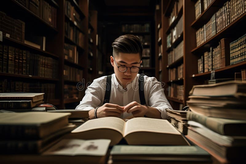 A College Student Studying in a Library, Surrounded by Books and ...