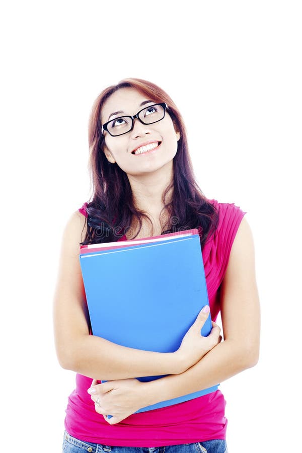 Stock Image of Female College Student Isolated on Blue Background Stock ...