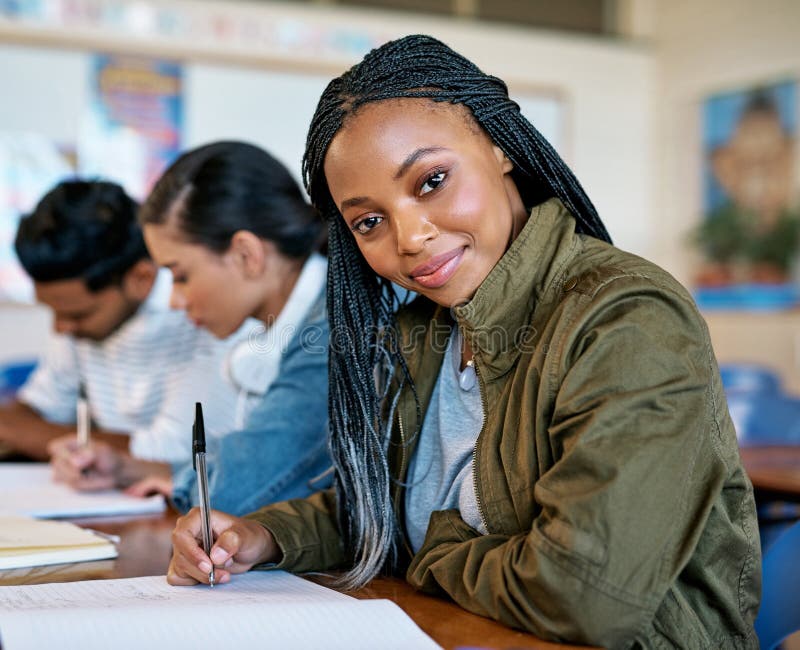 College, Student and Writing Portrait in Classroom for Tutorial Notes ...