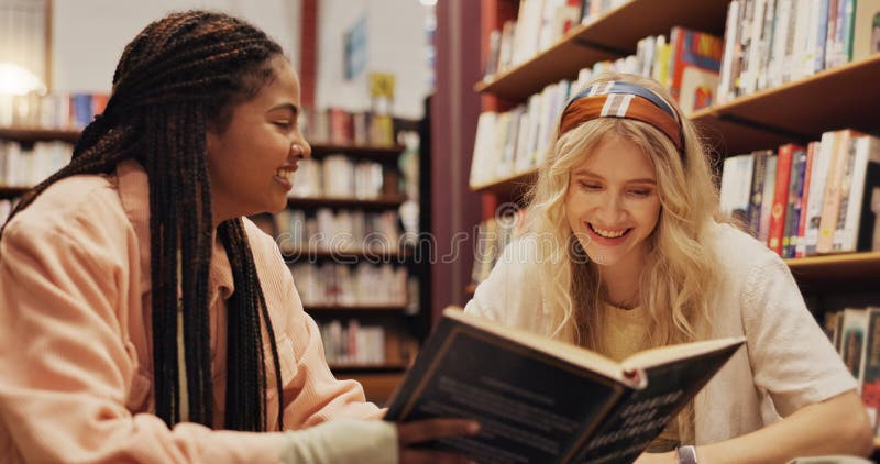 College, Students and Book with People in Library for Reading Project ...