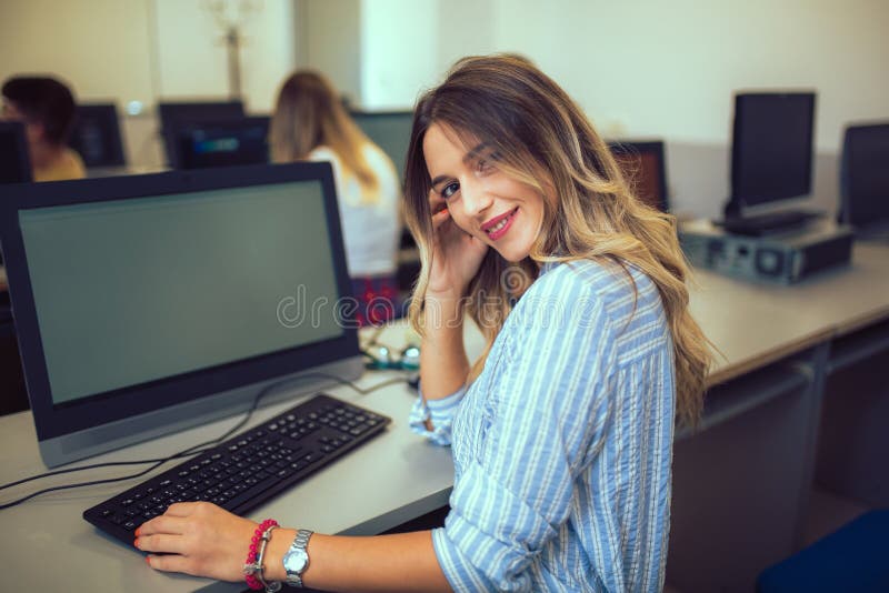 College Students in a Computer Lab Stock Photo - Image of professor ...