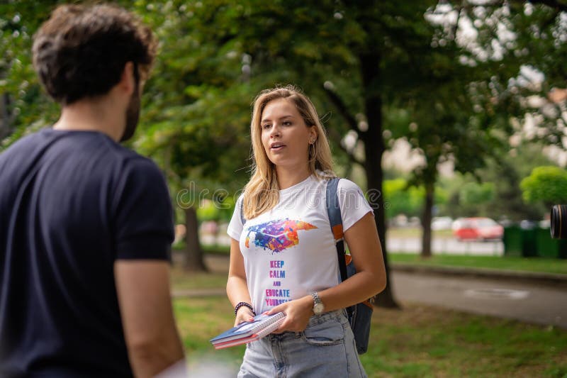 College Students Discussing at the Park, Exchanging Ideas and Solutions ...