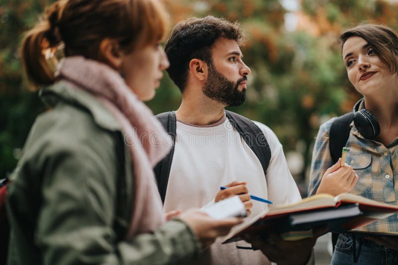 College Students Engaged in Conversation while Studying Outdoors Stock ...