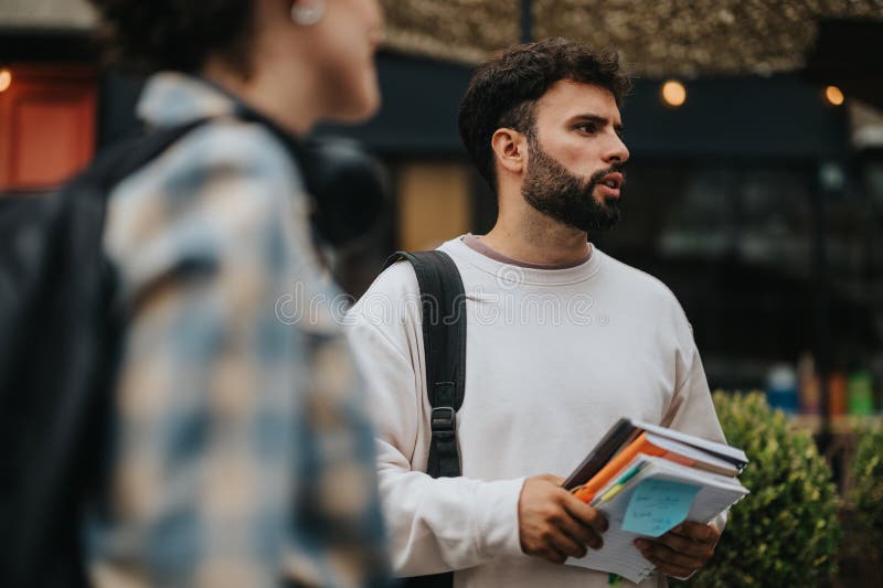 College Students Engaged in Discussion while Outdoors Stock Photo ...