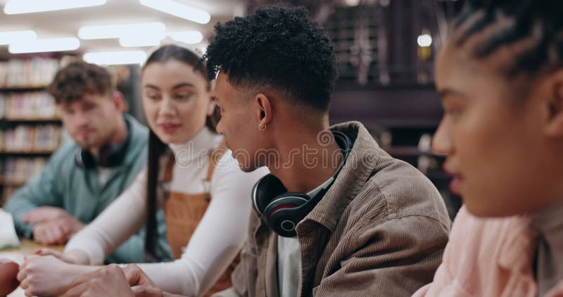 College, Students and Group with Talking in Library for Educational ...