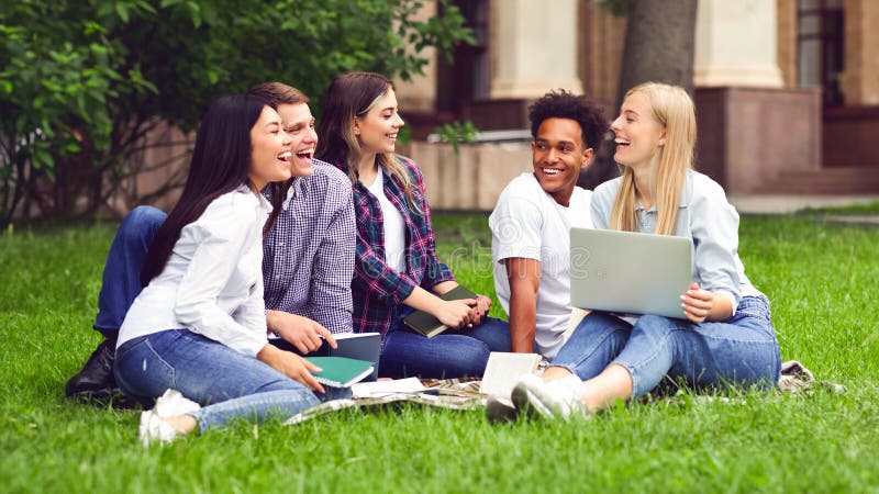 College Students Having Discussion in Campus on Grass Stock Image ...