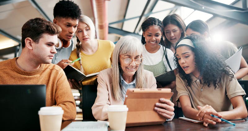 College, Students and Lecturer with Tablet, Talking and Info for ...