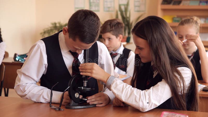 College Students in School Uniform Working Microscope Sitting in the ...