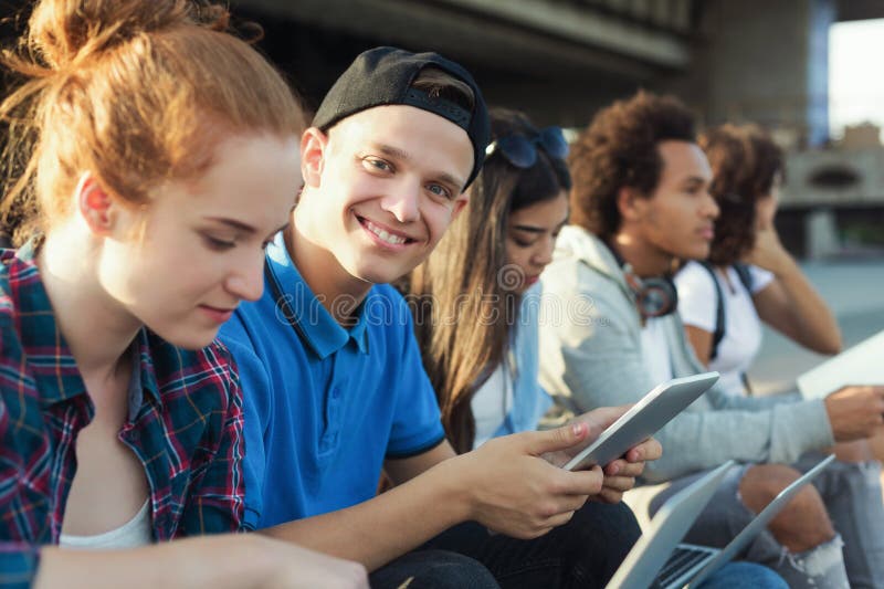 College Students Studying Outdoor, Preparing for Exams Stock Photo ...