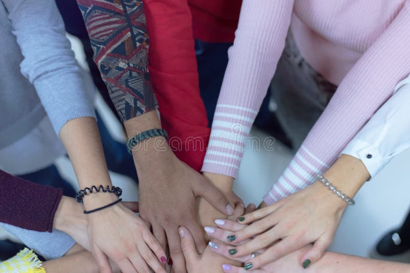 College Students Teamwork Stacking Hand Concept. Close Up of Young ...