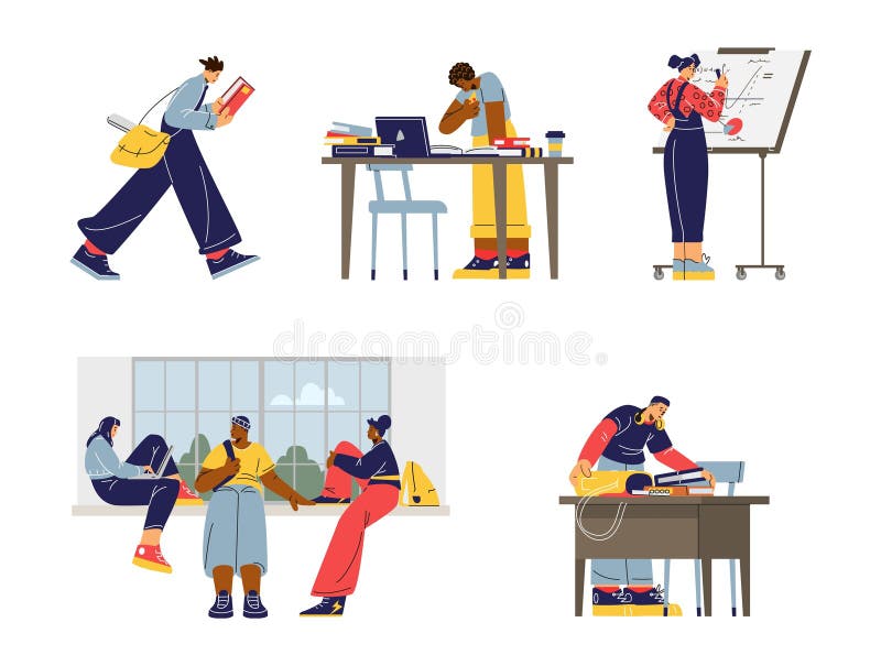 College Campus Life and Learning Vector Set Stock Vector - Illustration ...