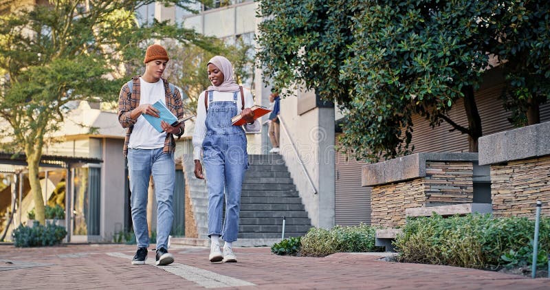 College Students, Walking and Outdoor on Campus for Conversation, Talk ...