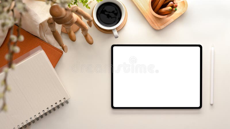College Study Table Top View with Stationery, and Digital Tablet Mockup ...