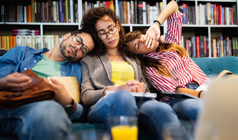 College, Study, University and Education Concept. Group of Tired ...