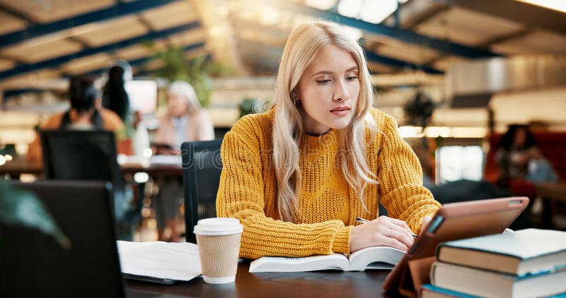 College, Tablet or Woman in Library Reading Online, Project or Course ...