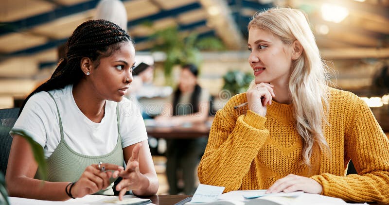 College, Teamwork and Girls in Library with Books, Project and Discussion for Assignment ...