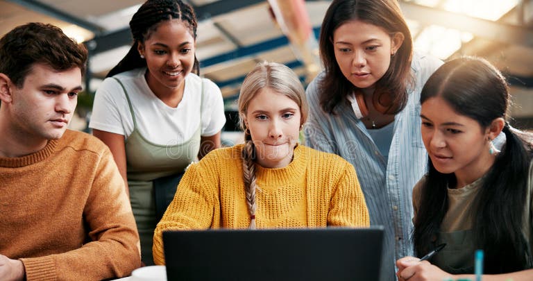 College, Teamwork and Students in Library with Laptop, Project or ...