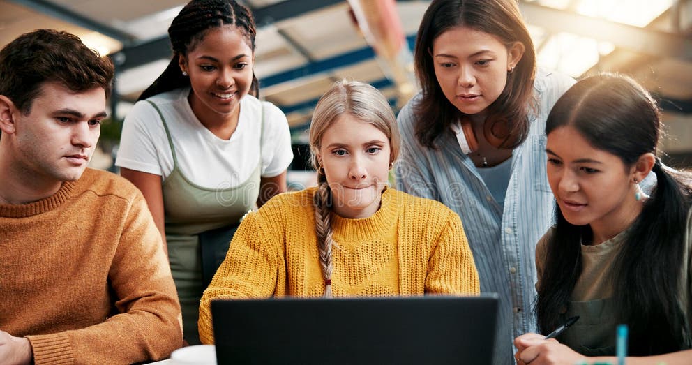 College, Teamwork and Students in Library with Laptop, Project or ...