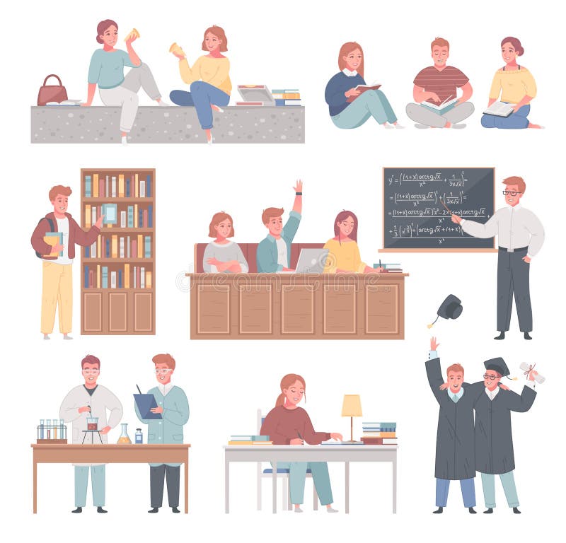 College University Cartoon Set Stock Vector - Illustration of laptop ...